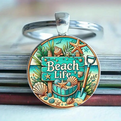 Vibrant Beach Life Theme Keyring Keychain Shell, Starfish and Shovel ...