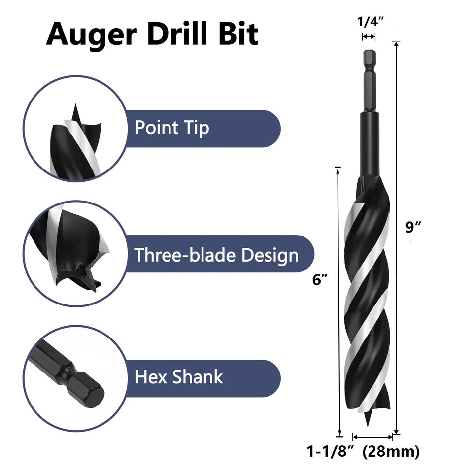 1-1/8 x 9 Auger Drill Bit, Quick Change Hex Shank, Carbon Steel, Wood ...