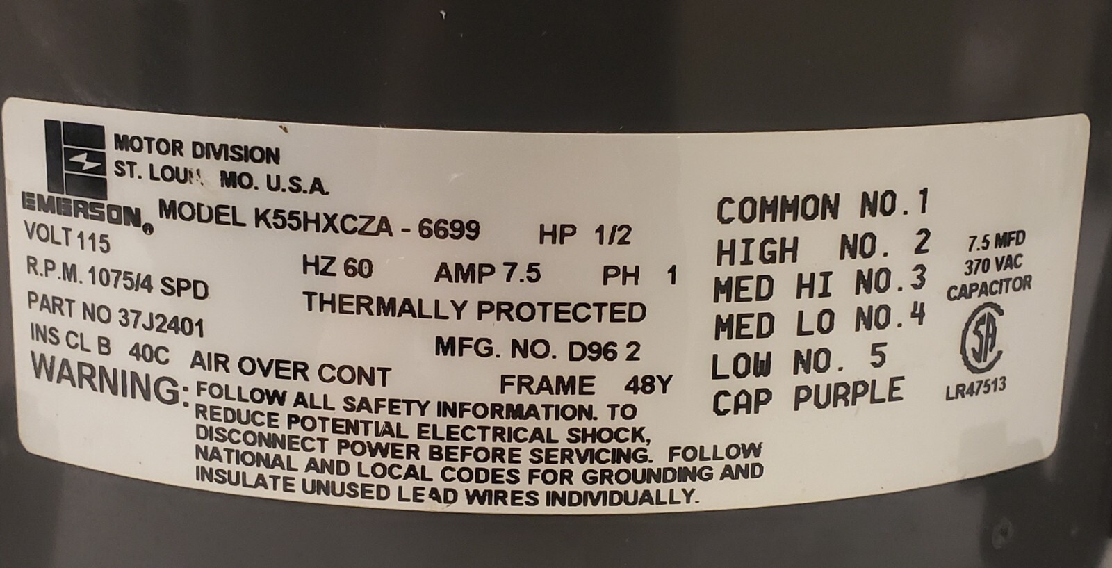 37J2401 K55HXCZA-6699 G23Q3/4-125-2 LR47513 Blower Motor of Lennox ...