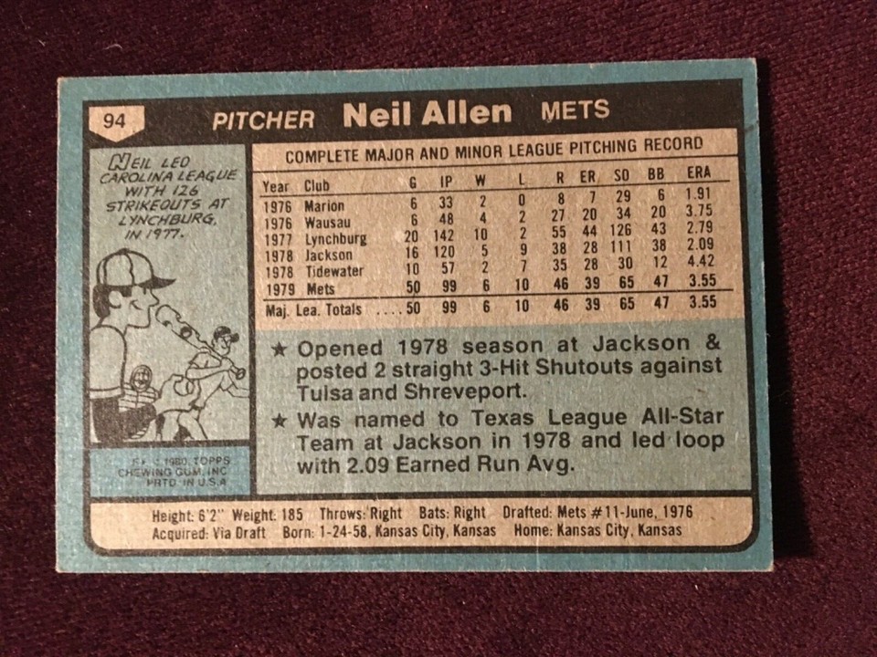 1980 Topps #94 Mets Neil Allen Baseball Card | eBay