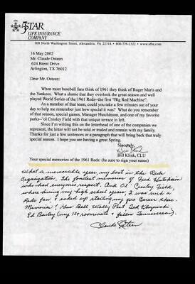 FAN LETTER RESPONSE - CLAUDE OSTEEN, RE: 1961 Cincinnati REDS BAS ...