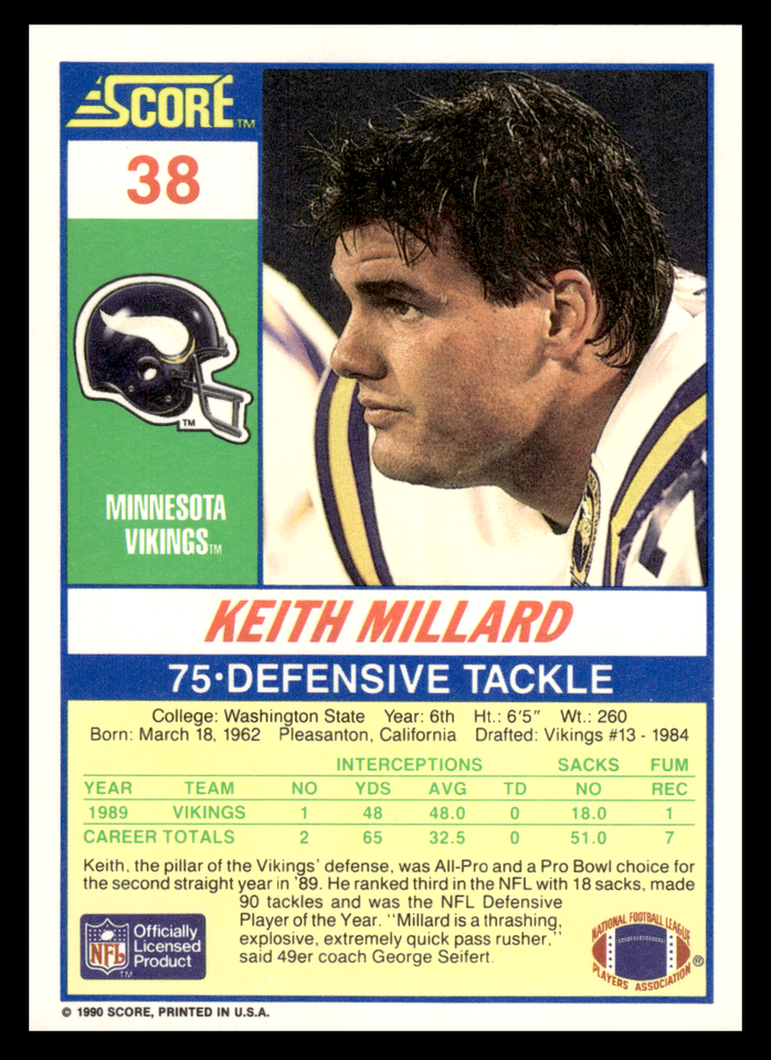 1990 Score Keith Millard #38 Minnesota Vikings NFL Football | eBay