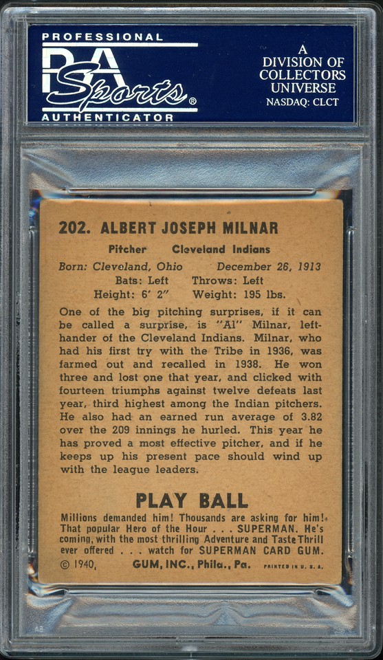 Al Milnar Autographed 1940 Play Ball Rookie Card #202 Indians PSA/DNA ...