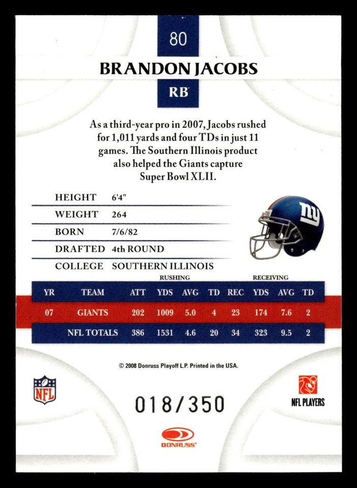 2008 Donruss Threads #80 Brandon Jacobs Retail Blue #/350 | eBay