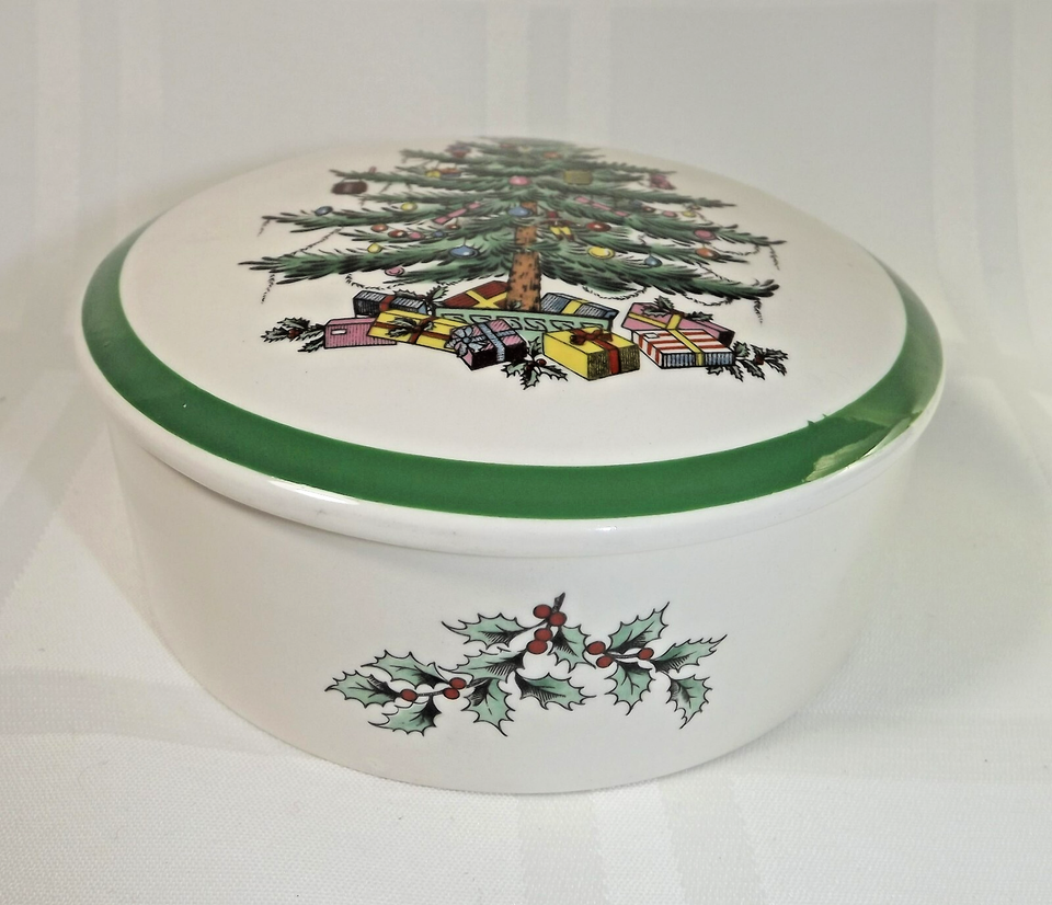 SPODE ~ Christmas Tree ~ Round Covered Candy Dish Dresser or Trinket ...
