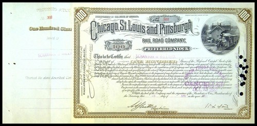 Chicago, St-Louis and Pittsburgh Rail Road Company, 100 Shares 1883 N ...