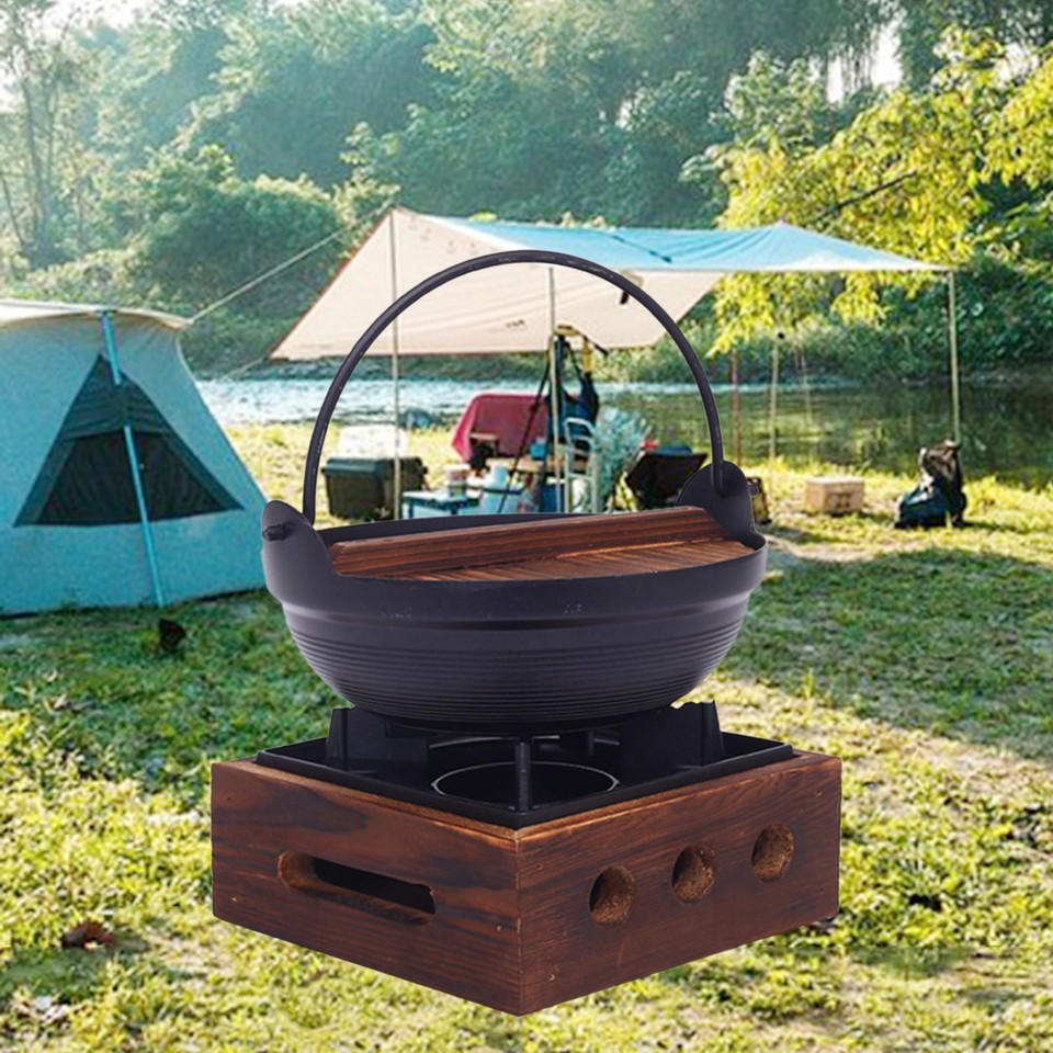 Cast Iron Hanging Pan W/Wood Lid Japanese Sukiyaki Stew Pot Camp Pot ...