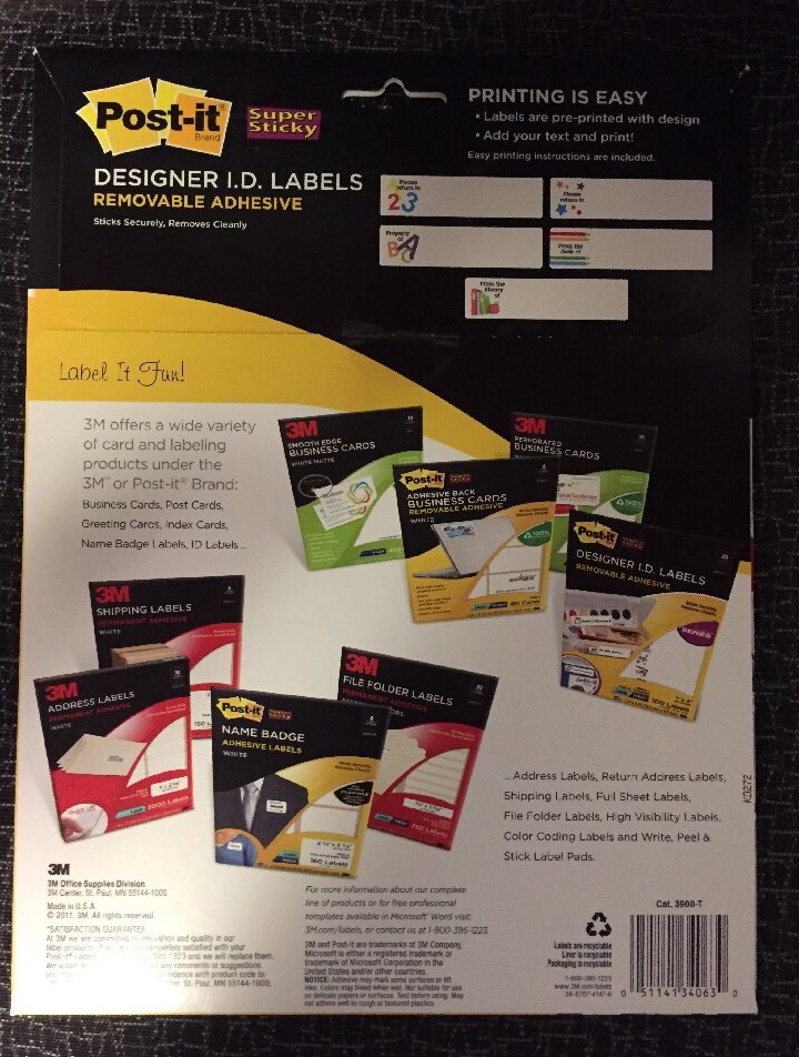 3900-T Post-it 3M Removable Adhesive ID Labels Inkjet & Laser UPC ...