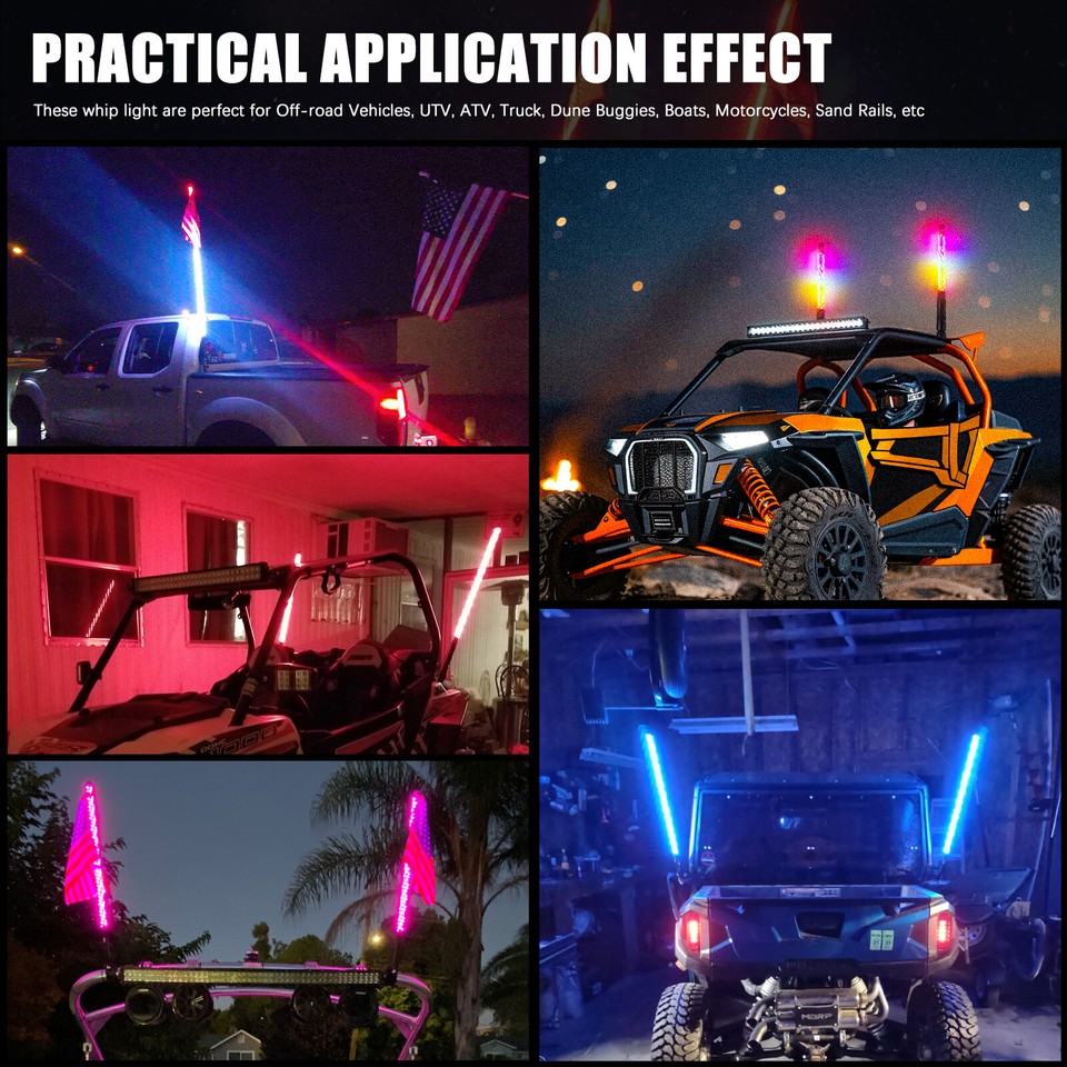 ATV UTV 2PC 4FT RGB LED Whip Light Antenna Chase For Polaris RZR XP ...