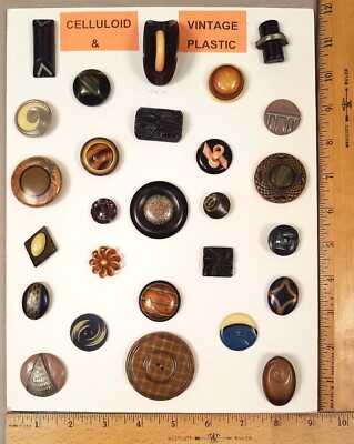 Card of 27 Celluloid & Early Plastic Antique BUTTONS, Various Types ...