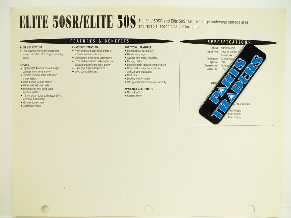 OEM Genuine Honda Red Book Single Page Spec Sheet Elite 50SR 50S SA50 ...