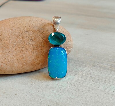 Australian Opal & Blue Topaz 925 Sterling Silver Handmade Pendant PG233 ...