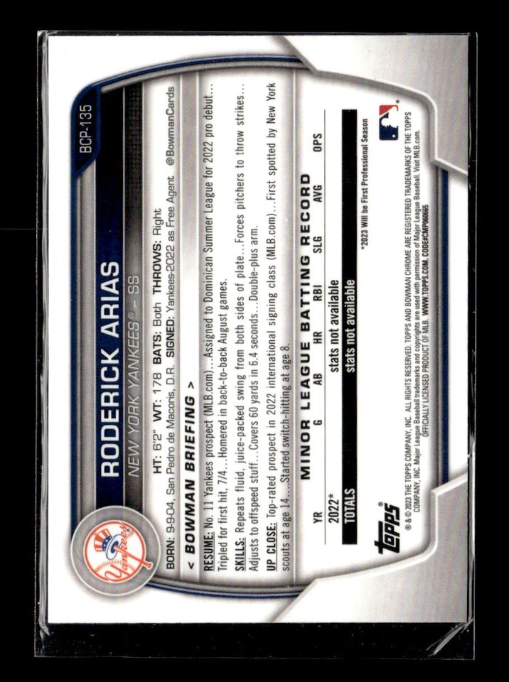 2023 Bowman Prospect Chrome Roderick Arias New York Yankees #BCP-135 5 ...