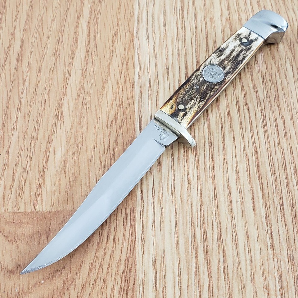 Queen Small Hunter Fixed Knife 3" Mirror Finish Stainless Blade Stag ...