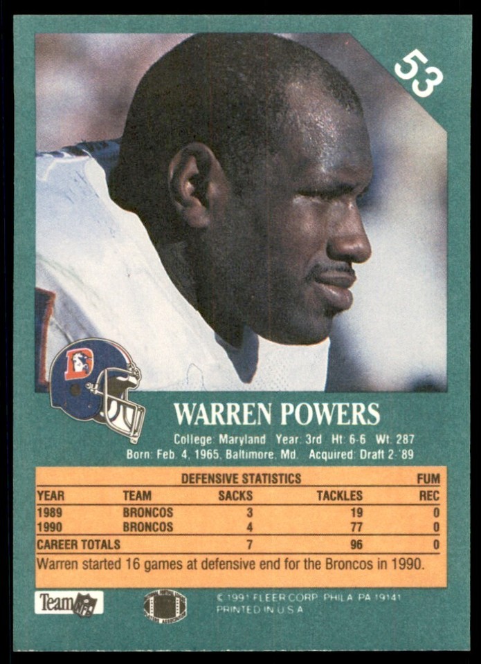 1991 FLEER WARREN POWERS DENVER BRONCOS #53 | eBay