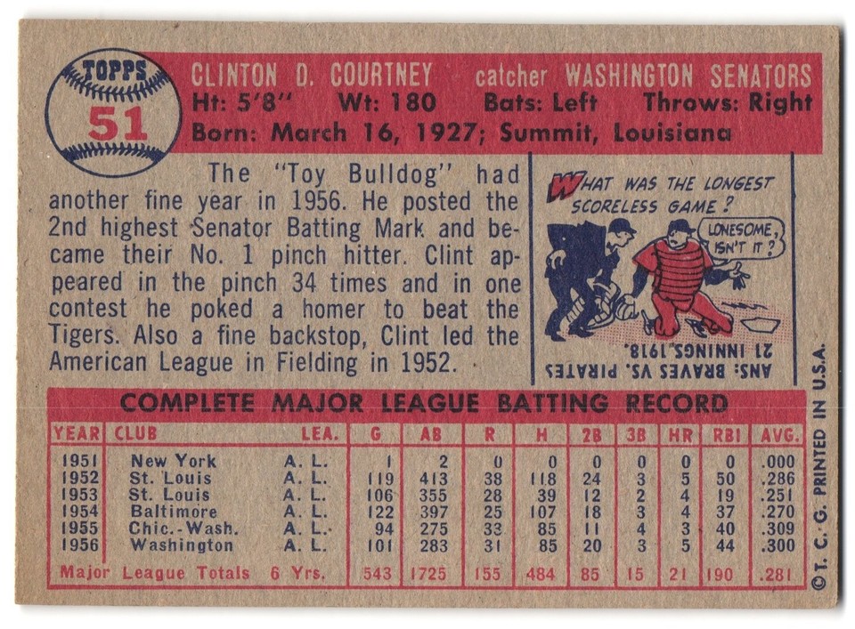 Clint Courtney 1957 Topps MLB Trading Cards # 51 LB | eBay