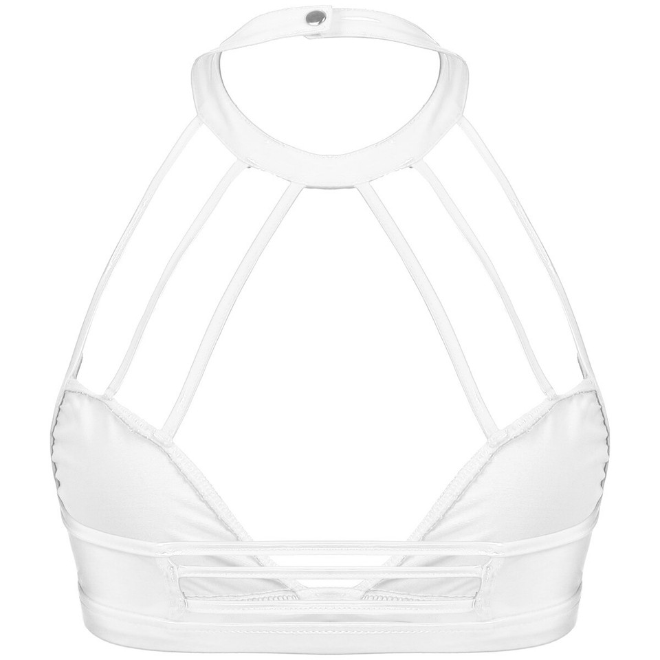 Womens Strapless Open Cups Top Sleeveless Crop Vest Wet Look Punk Tank ...