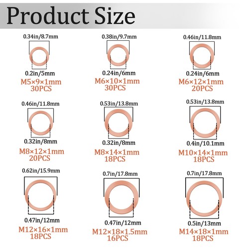 Ruibapa 188 PCS Copper Crush Washer Metric Flat Washers Assortment Kit ...