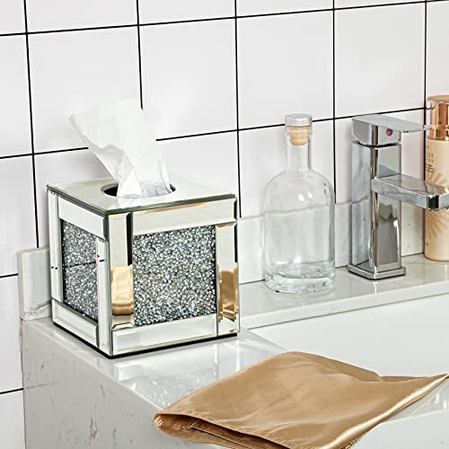 Mirrored Tissue Box Cover Holder Square Glass Facial Tissue Holder With ...