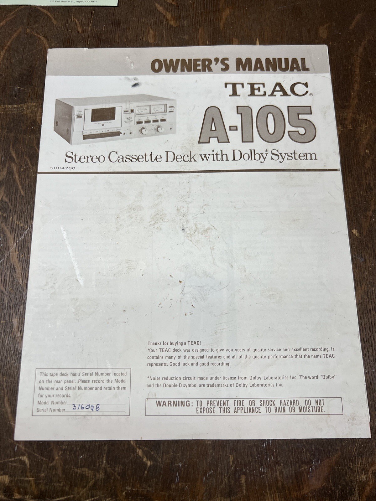 TEAC A-105 Stereo Cassette Deck Owners Manual *Original* | eBay