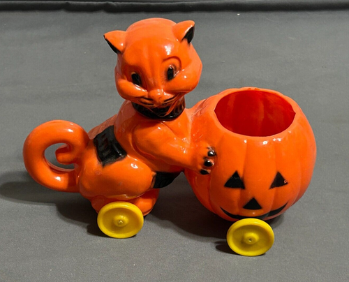Vintage 1950S ROSBRO HALLOWEEN hard plastic TOY CANDY CONTAINER CAT ...