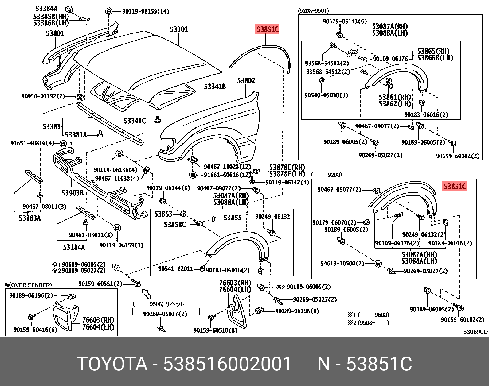 pad, front wheel opening extension, no.1, 538516002001 for TOYOTA 53851 ...