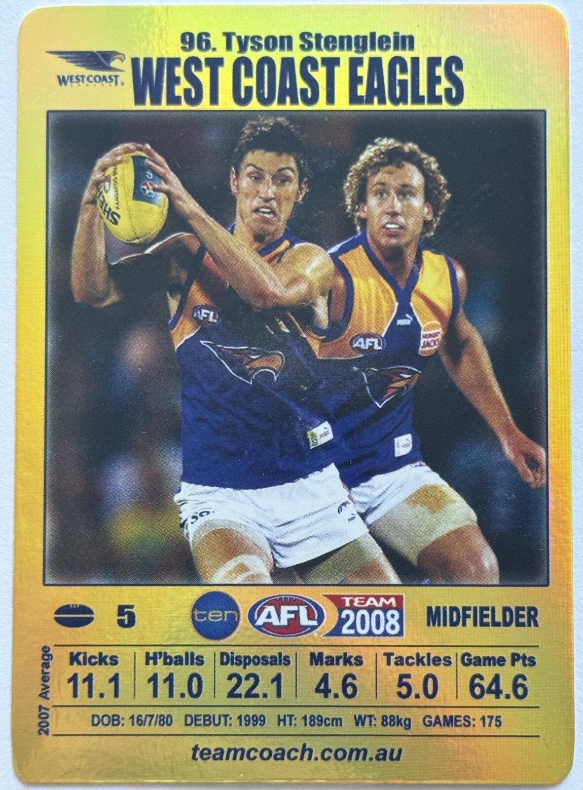 2008 Teamcoach Gold card - Tyson Stenglein no.96 West Coast | eBay ...