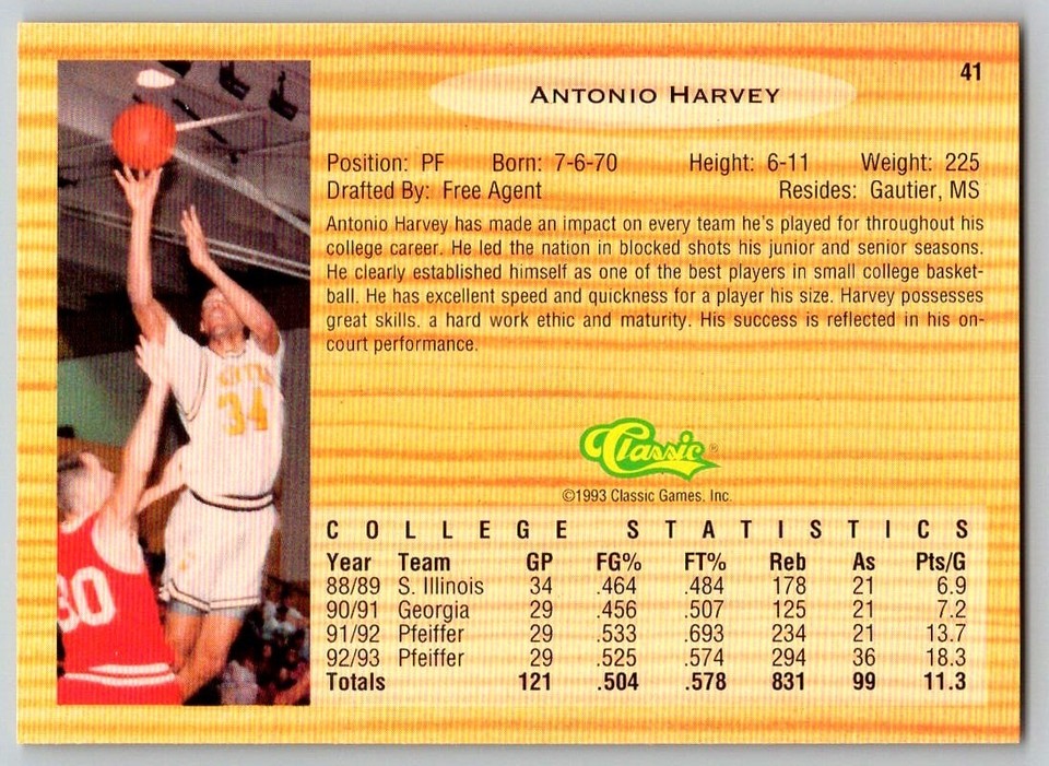 1993-94 CLASSICS DRAFT PICKS ANTONIO HARVEY PFEIFFER FALCONS #41 | eBay