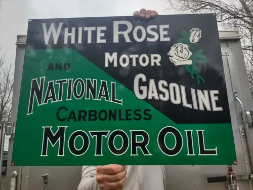 Large VINTAGE WHITE ROSE GASOLINE OIL PORCELAIN METAL GAS STATION SIGN ...