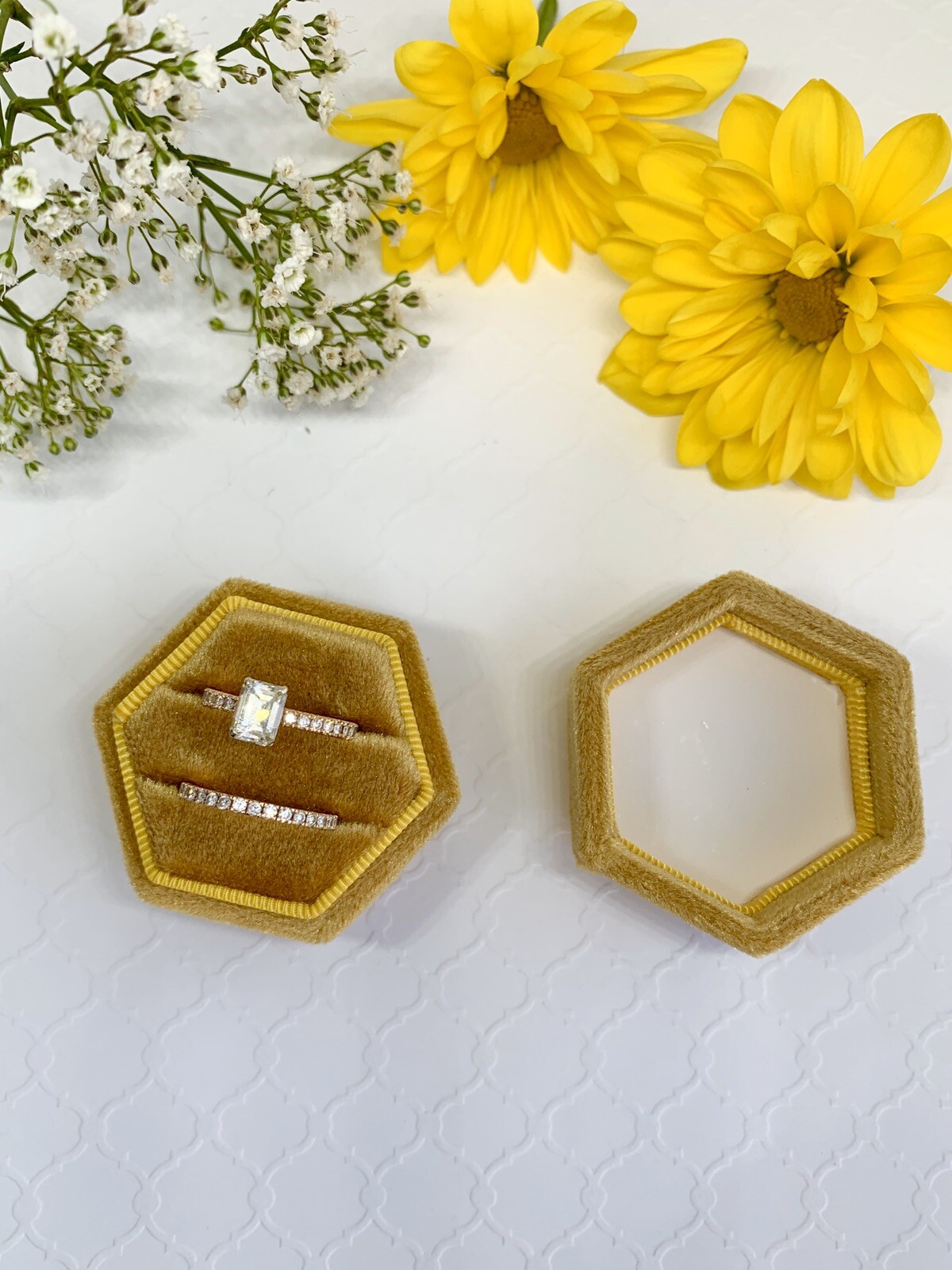Velvet Ring Box Mustard Color Double Slot Hexagon Shape | eBay