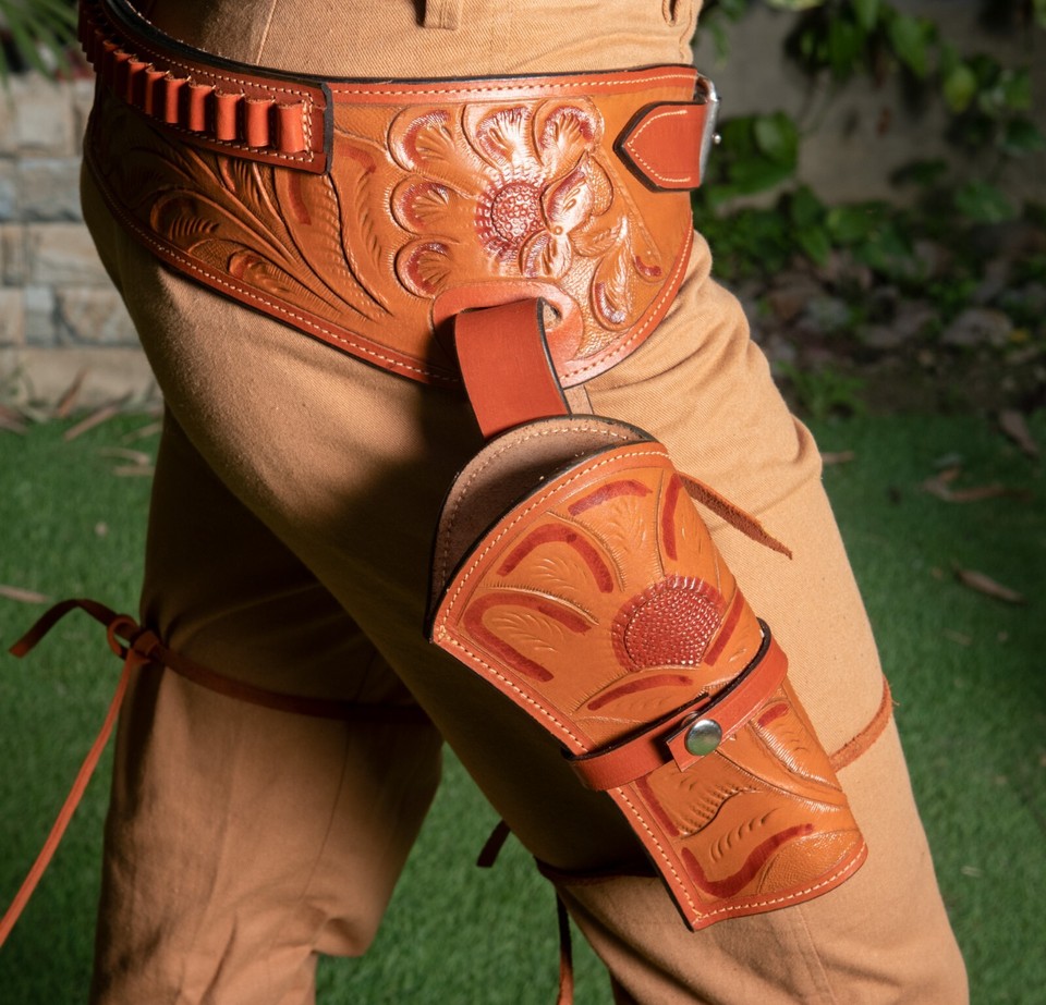.22/44/.45CAL LEATHER WESTERN TOOLED GUN HOLSTER BELT SASS RIG SAA ...