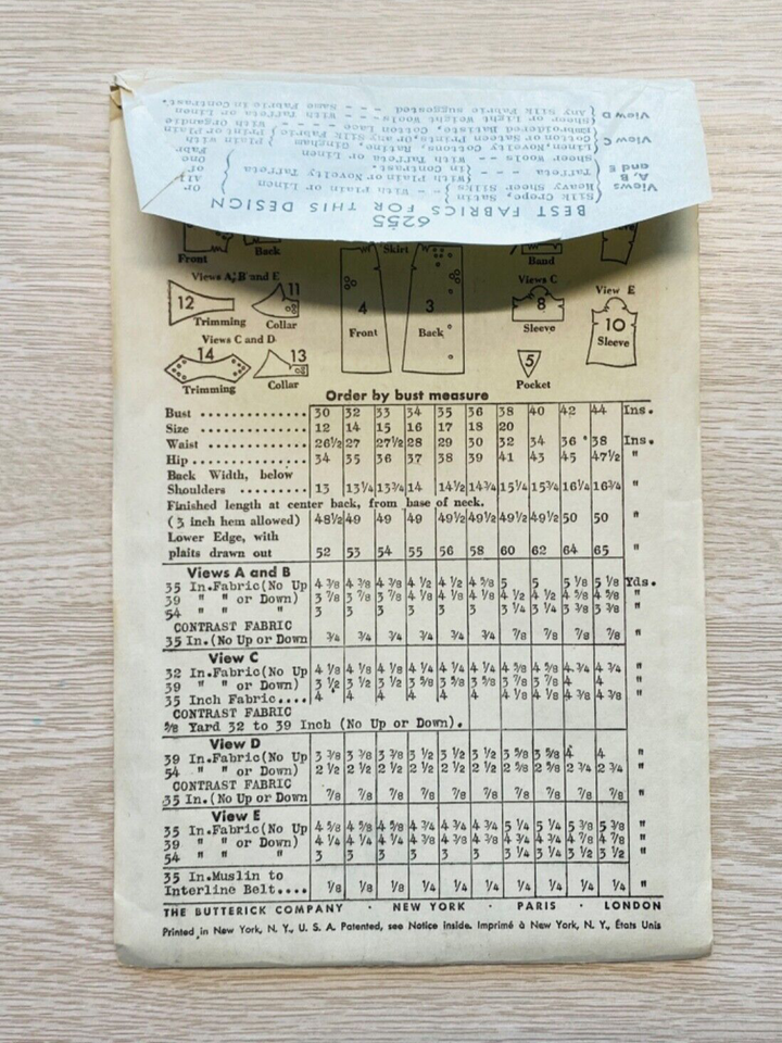 RARE 1930s BUTTERICK 6255 SIZE 18 BUST 36 DRESS SLEEVE VARIATIONS UC/FF ...