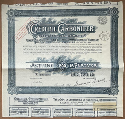 Creditul Carbonifer Bucharest Romania 1927 500 Lei mining bond ...