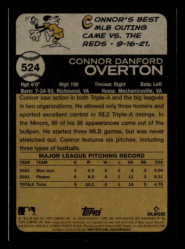 Connor Overton RC 2022 Topps Heritage #524 Rookie Cincinnati Reds NM ...