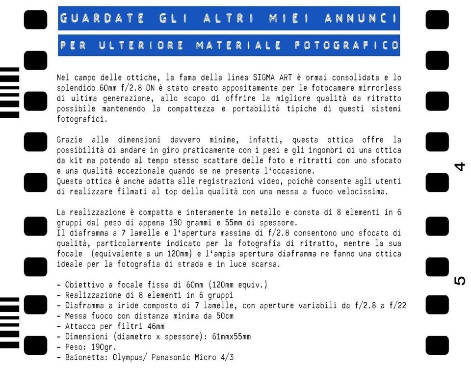 SIGMA ART 60mm f/2.8 DN - TELE DA RITRATTO, CON ATTACCO MICRO 4/3 | eBay