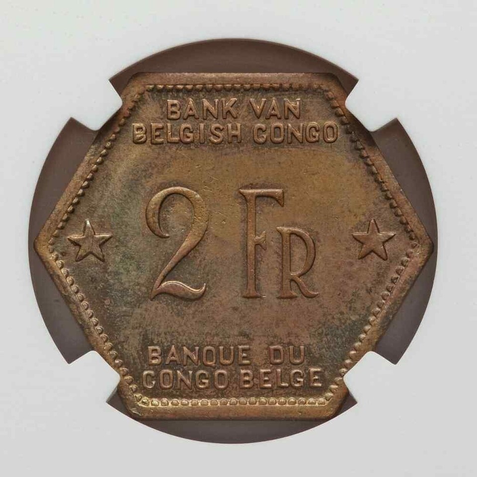 1943 Two Francs Brass Hexagonal Coin Belgian Congo Elephant Moving Left ...
