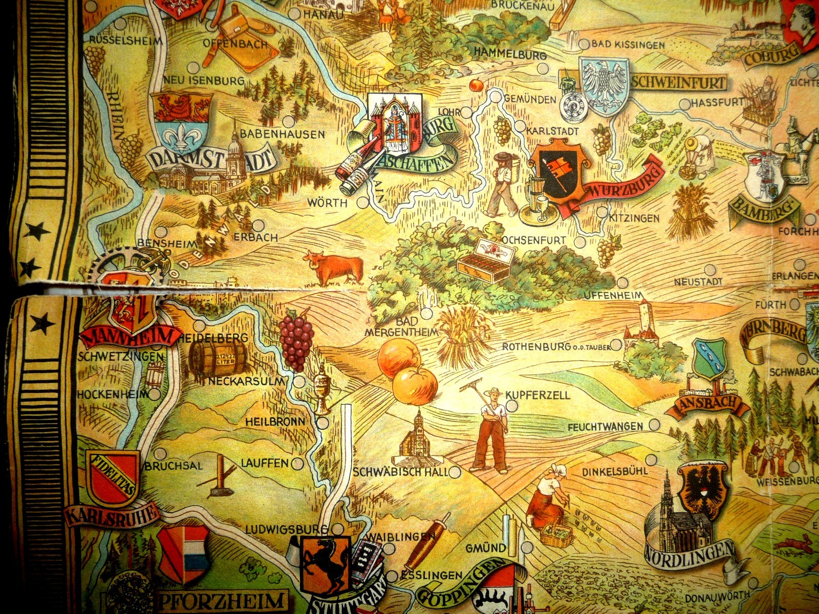 VINTAGE CARTOON MAP GERMANY US ZONE BAVARIA HESSE WURTEMBERG BADEN 1940 ...