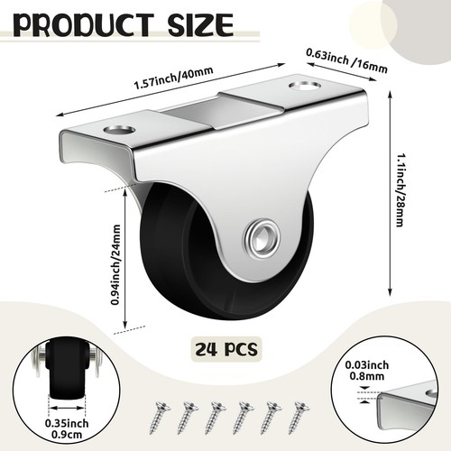 24 Pcs 1" Small Casters Wheels Mini Rigid Non Swivel Fixed Castor ...