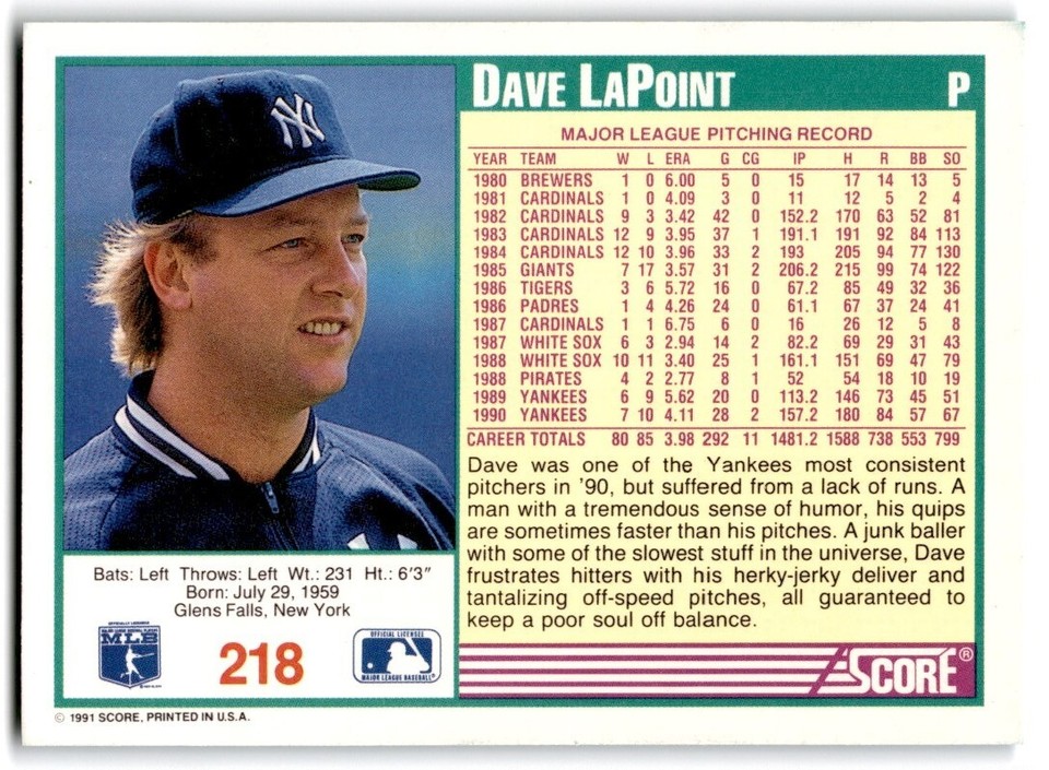 1991 Score Dave LaPoint New York Yankees #218 | eBay