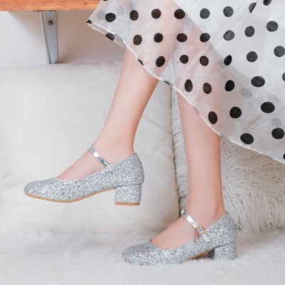 Women's Gliter Ankle Strap Princess Shoes Cuban Low Heel Round Toe ...