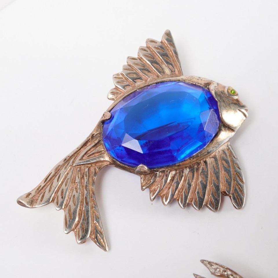 Vintage Sterling Silver Fish Brooch Pair Rhinestone Gem Jelly Belly ...
