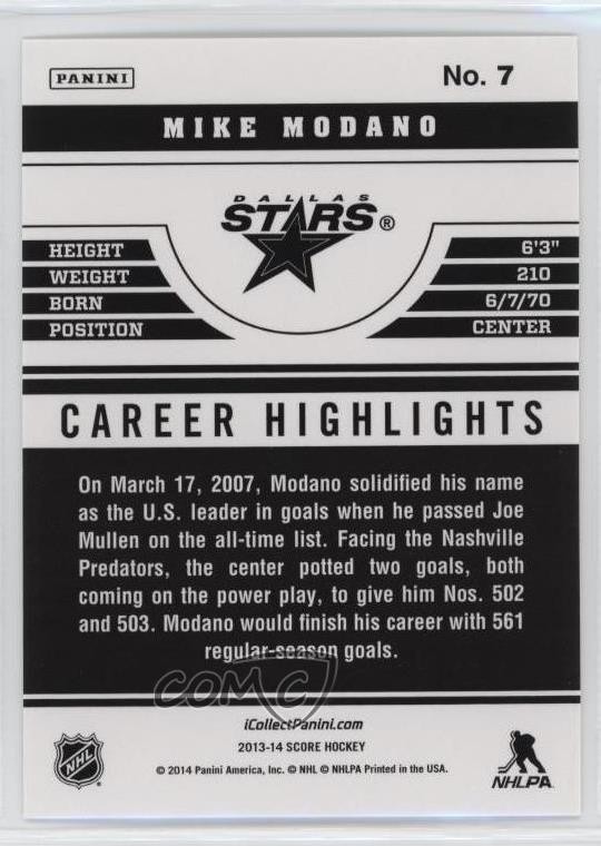 2013-14 Score Mike Modano Career Highlights Mike Modano #7 HOF | eBay