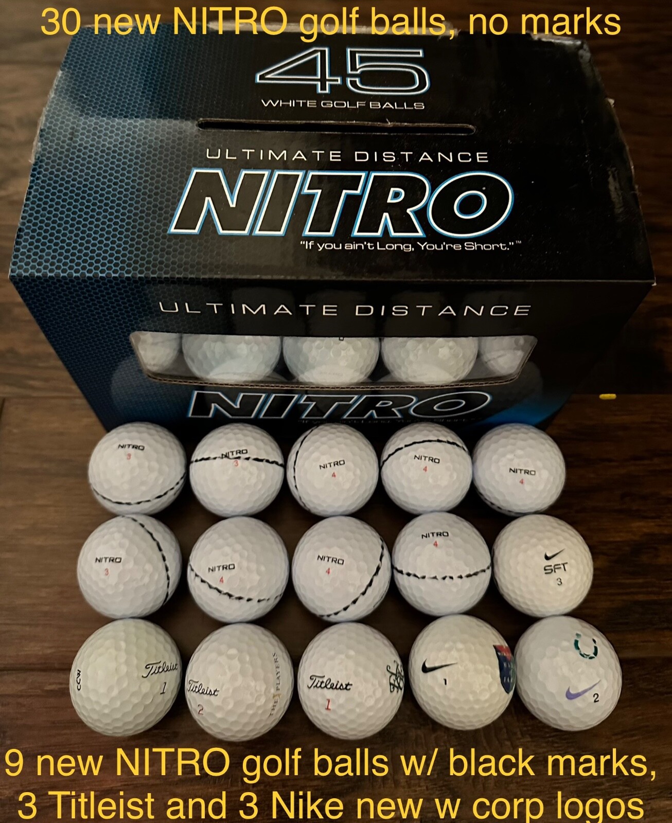 Lot of 45 New White Golf Balls (30 NITRO unmarked, 9 Nitro black marks ...