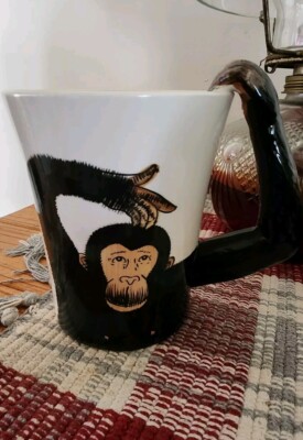 Pier 1 Money Coffe Cup Mug Hand Painted Monkey Stoneware 3D Chimpanzee ...