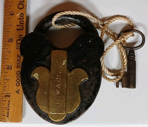 PAT 1870's MALLORY & WHEELER IRON PADLOCK , KEY, VINTAGE ANTIQUE LOCK ...