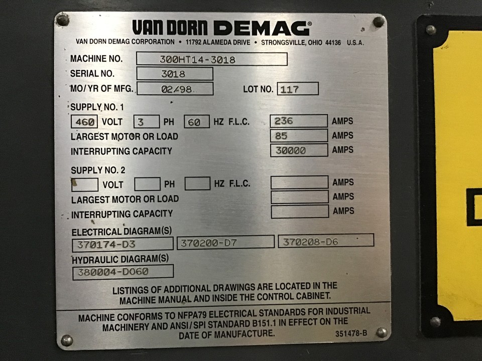 1998 Van Dorn 300HT-14 Plastic Injection Molding Machine 300 Ton 14 oz ...