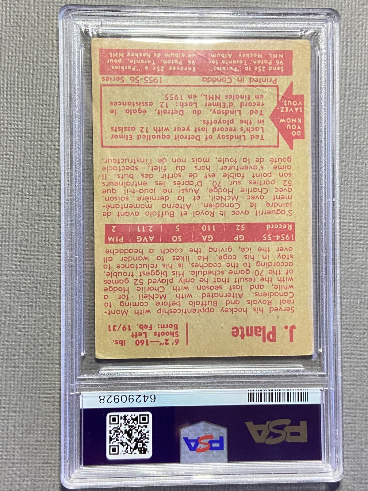 Jacques Plante RC 1955-56 Parkhurst #50 Rookie Card HOF NHL PSA 1 PR | eBay