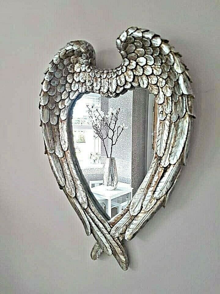 Large Antiqued Silver Angel Wings Mirror Vintage Ornate Heart Wall ...