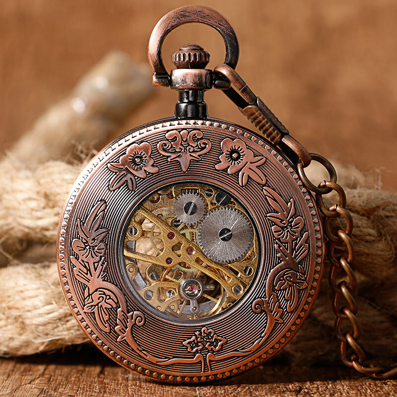 Mens Vintage Mechanical Pocket Watch Hand-Wind Red Copper Fob Watches ...