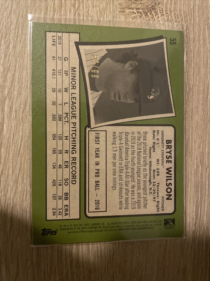 2020 Topps Heritage Minors #55 Bryse Wilson BLUE PARALLEL /99 Gwinnett ...